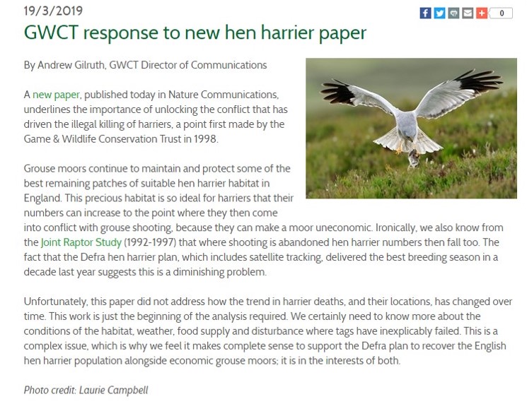Responses to hen harrier satellite tag paper: GWCT – Raptor Persecution UK